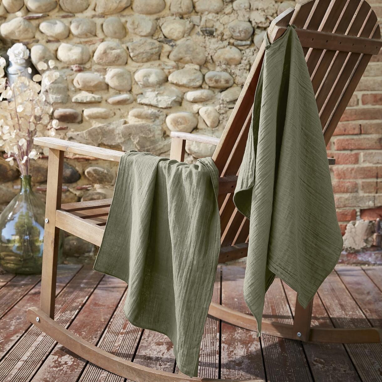 Lot de 2 essuie-mains gaze de coton (70 cm) Gaïa Vert romarin - Linge ...