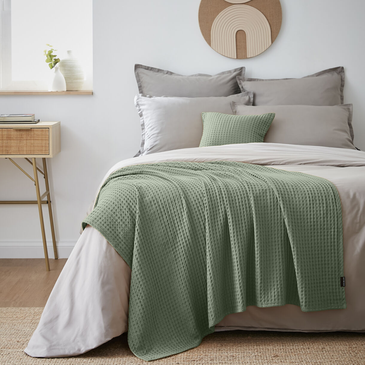Jeté de lit coton nid d'abeille (130 x 160 cm) Maya Vert romarin ...